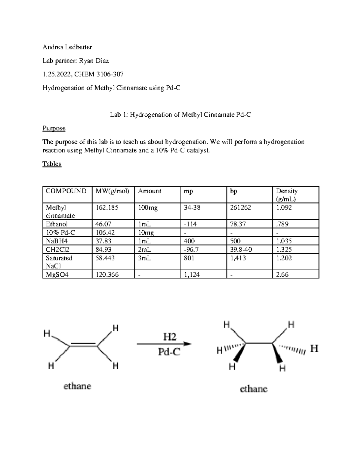 Ochem Lab 1 Report - Andrea Ledbetter Lab partner: Ryan Diaz 1.25, CHEM ...