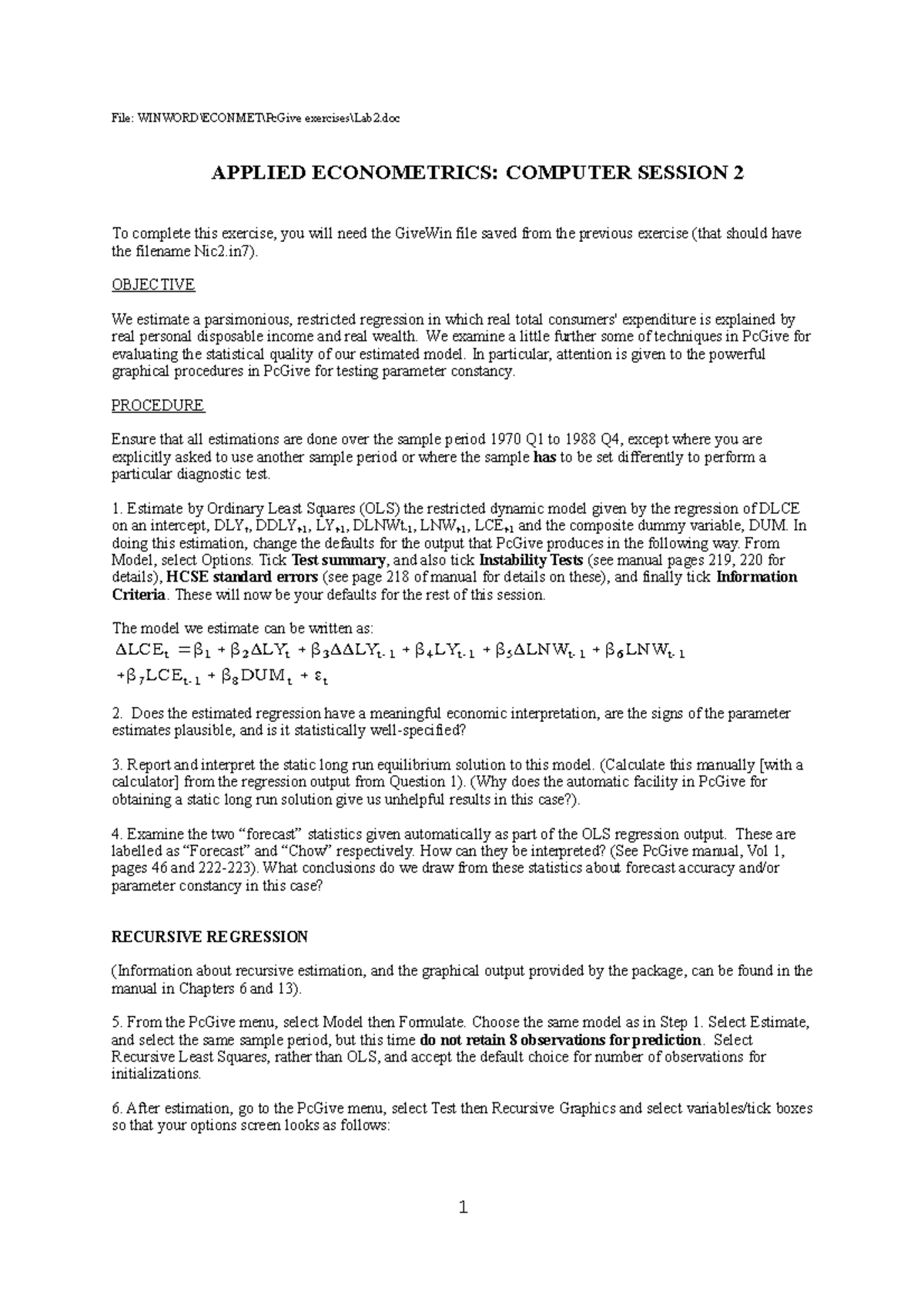 Applied Econometrics Computer Session File Winwordeconmetpcgive Exerciseslab2 Applied 1109