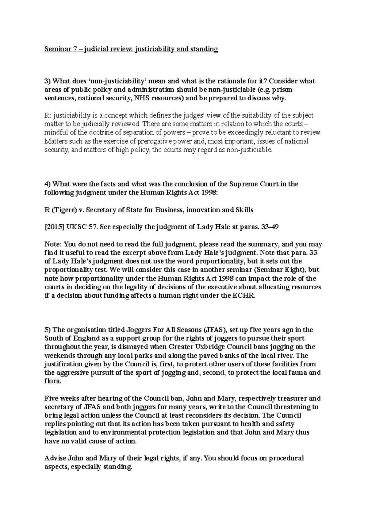 Public law seminar 7 answers - Seminar 7 – judicial review ...