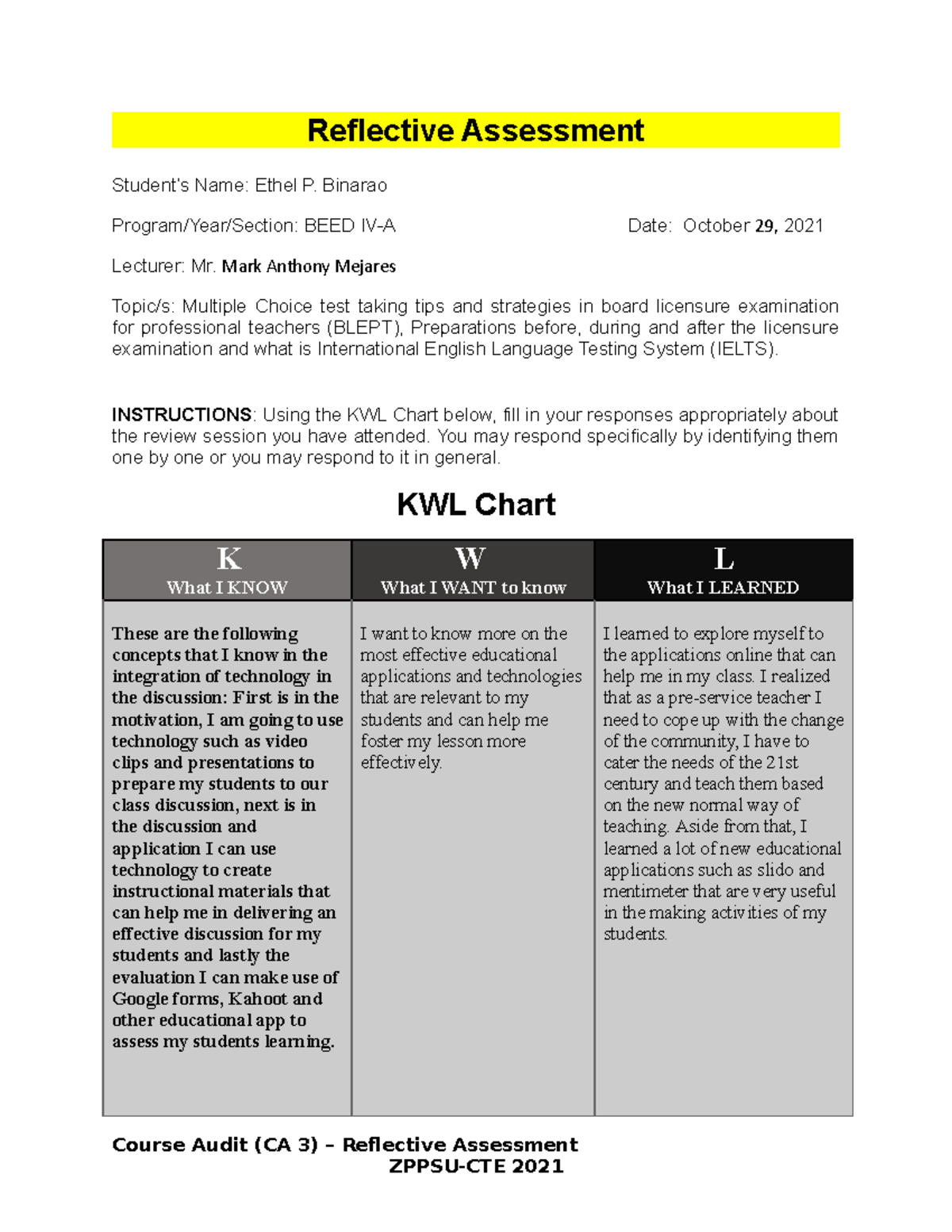 Binarao, Ethel P. BEED IV-A Reflective Assessment 2 - Reflective ...