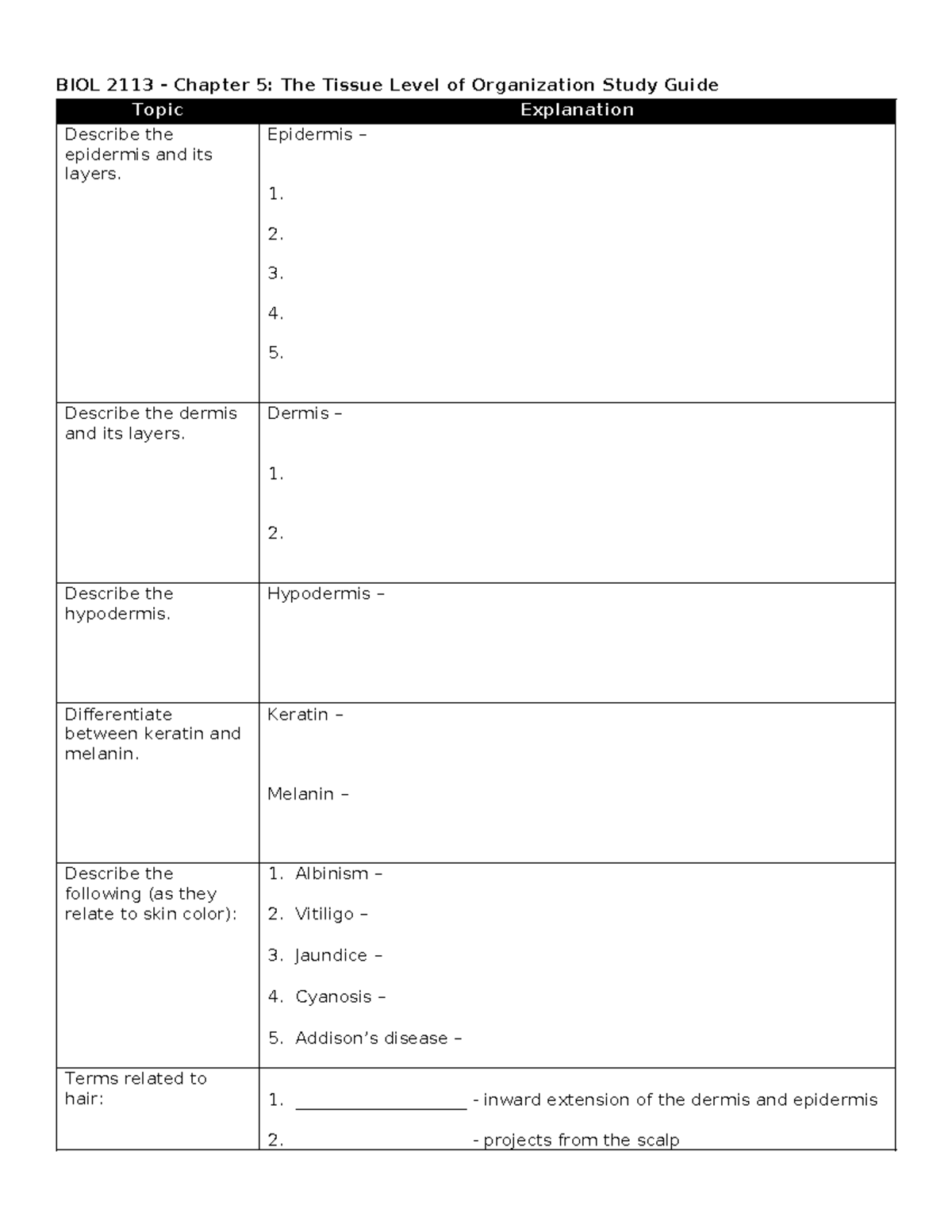 BIOL 2113 Ch5 Study Guide 2 - BIOL 2113 - Chapter 5: The Tissue Level ...