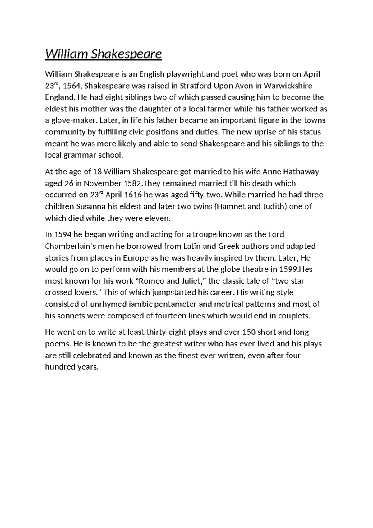 Fact file - William Shakespeare William Shakespeare is an English ...