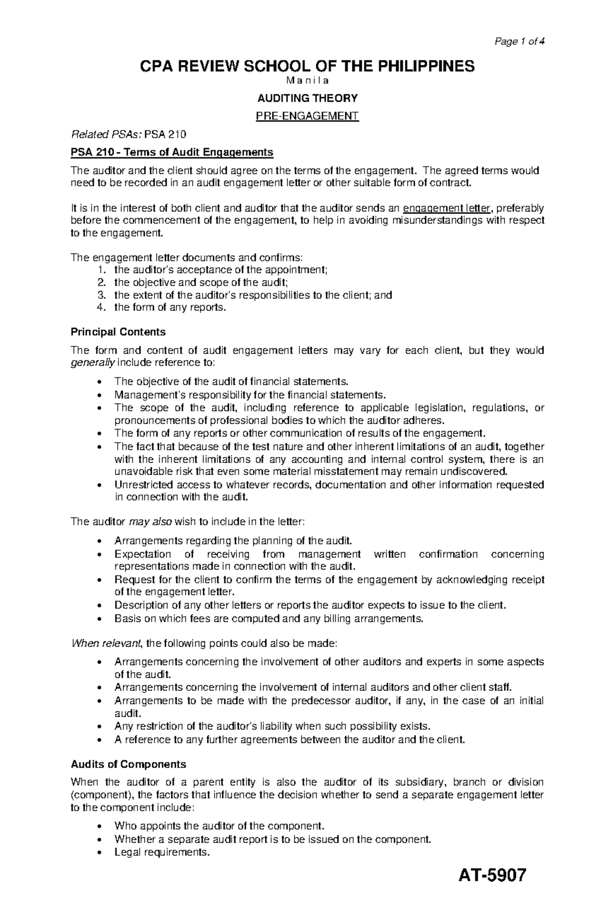 Pre engagement notes - CPA REVIEW SCHOOL OF THE PHILIPPINES M a n i l a ...