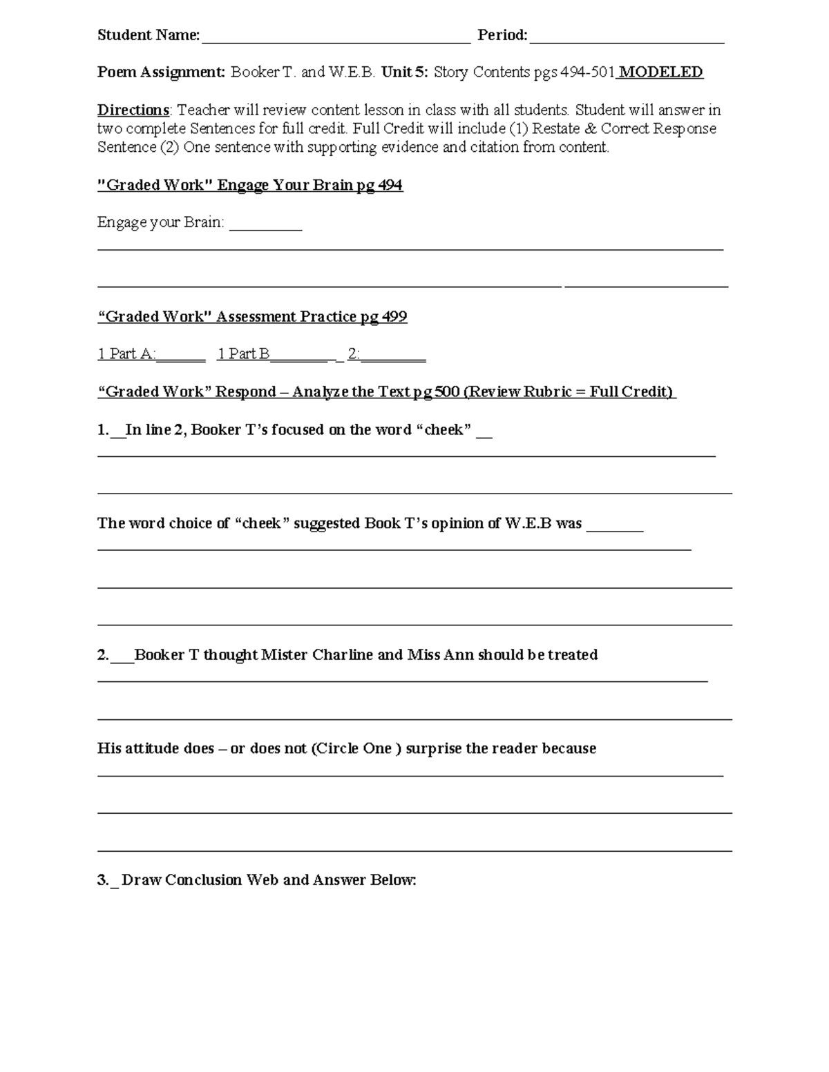 Booker T and WEB Student Modeled Answer Sheet - Student Name