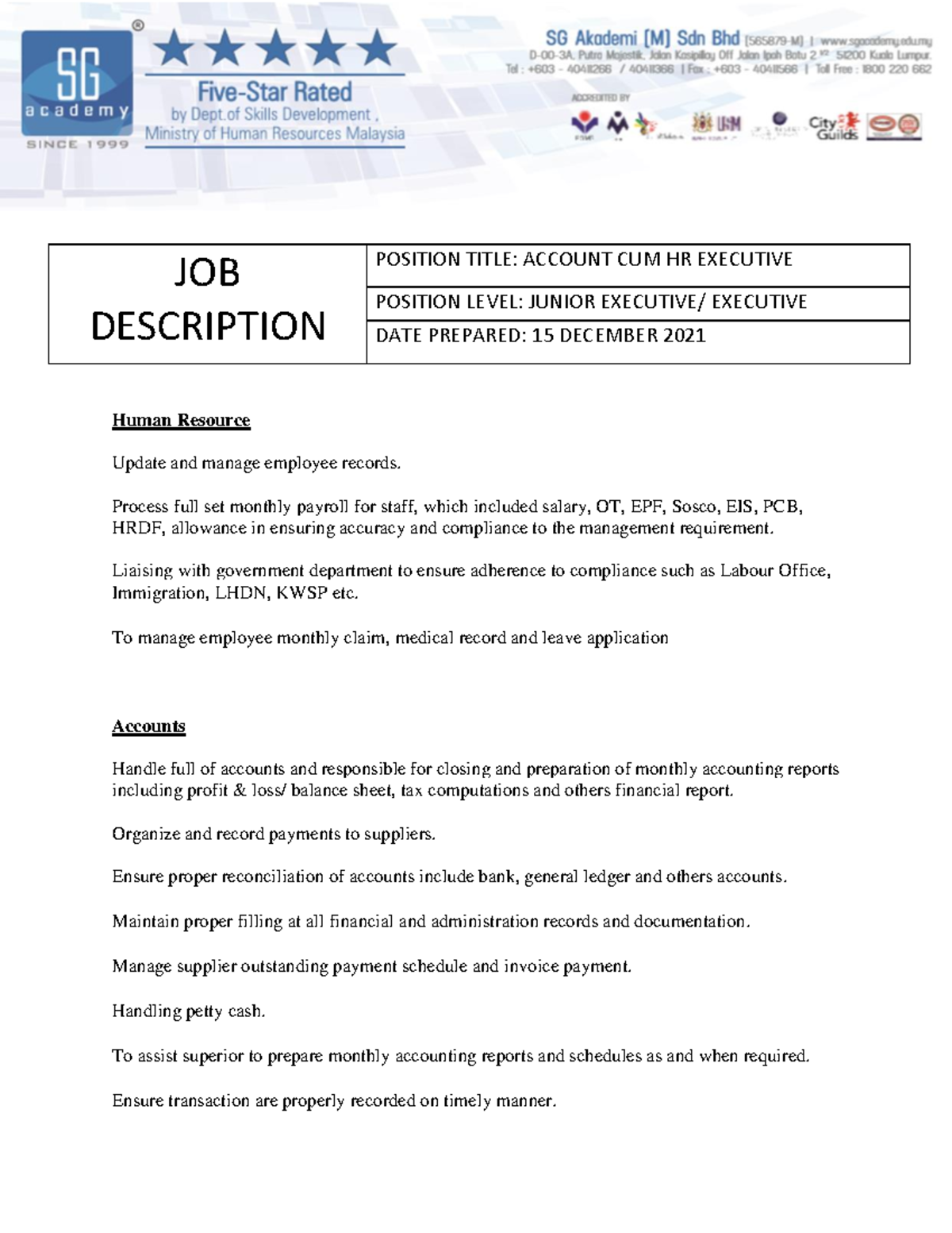 JOB description how to make a descriptive - JOB DESCRIPTION POSITION ...