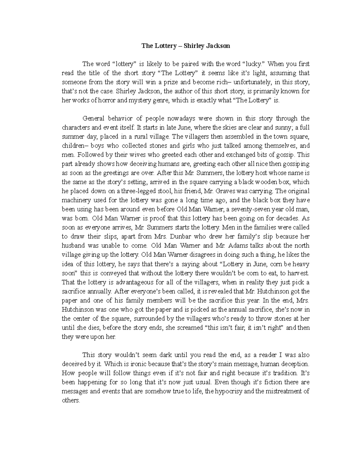 The Lottery – Shirley Jackson - The Lottery – Shirley Jackson The word ...