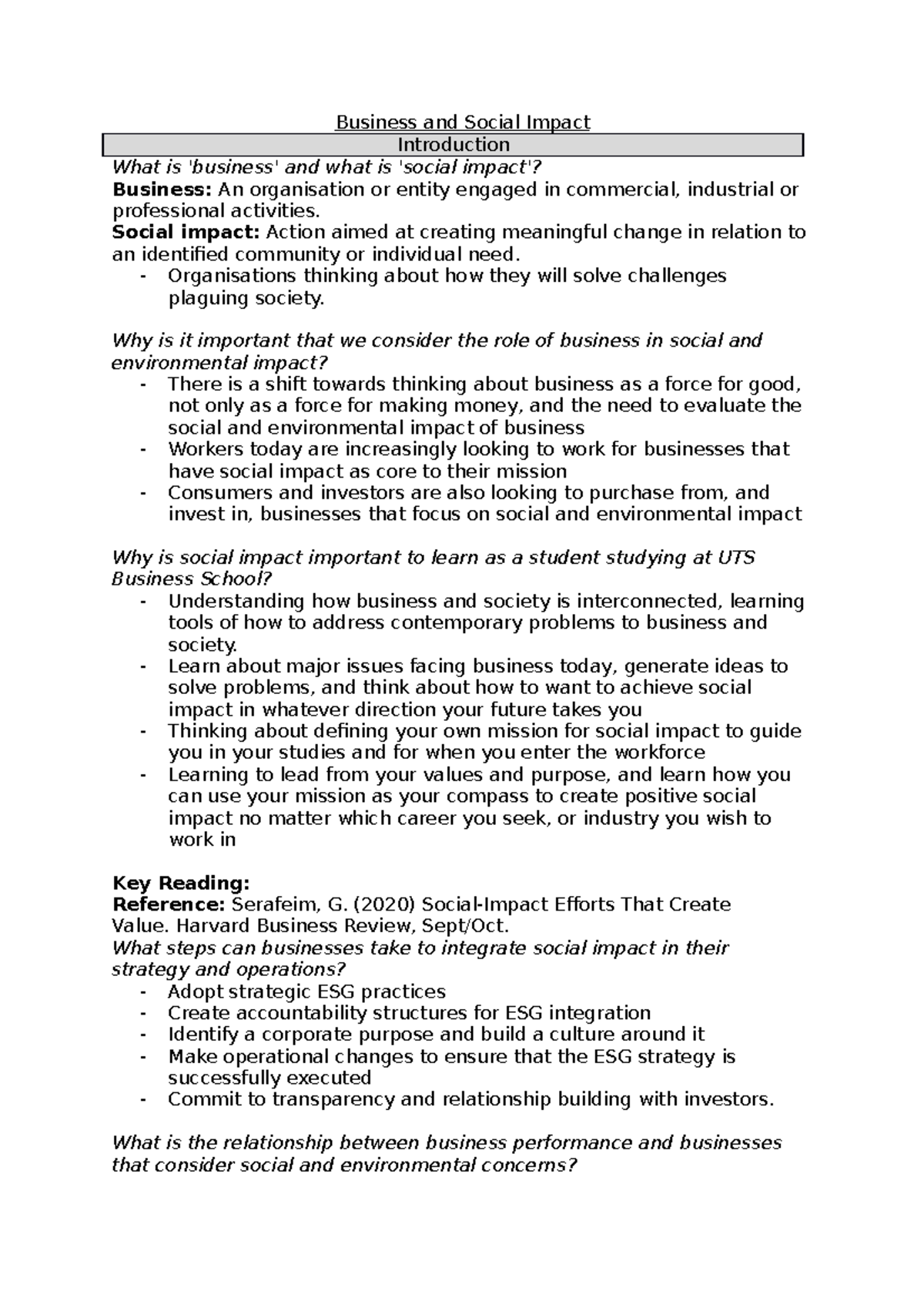 Business and Social Impact Notes - Business and Social Impact ...