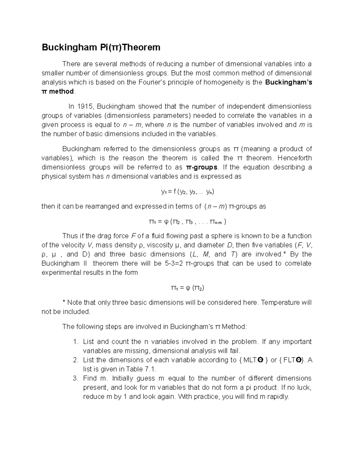 Buckingham Pi - Lecture notes 2 - Buckingham Pi(π)Theorem There are ...