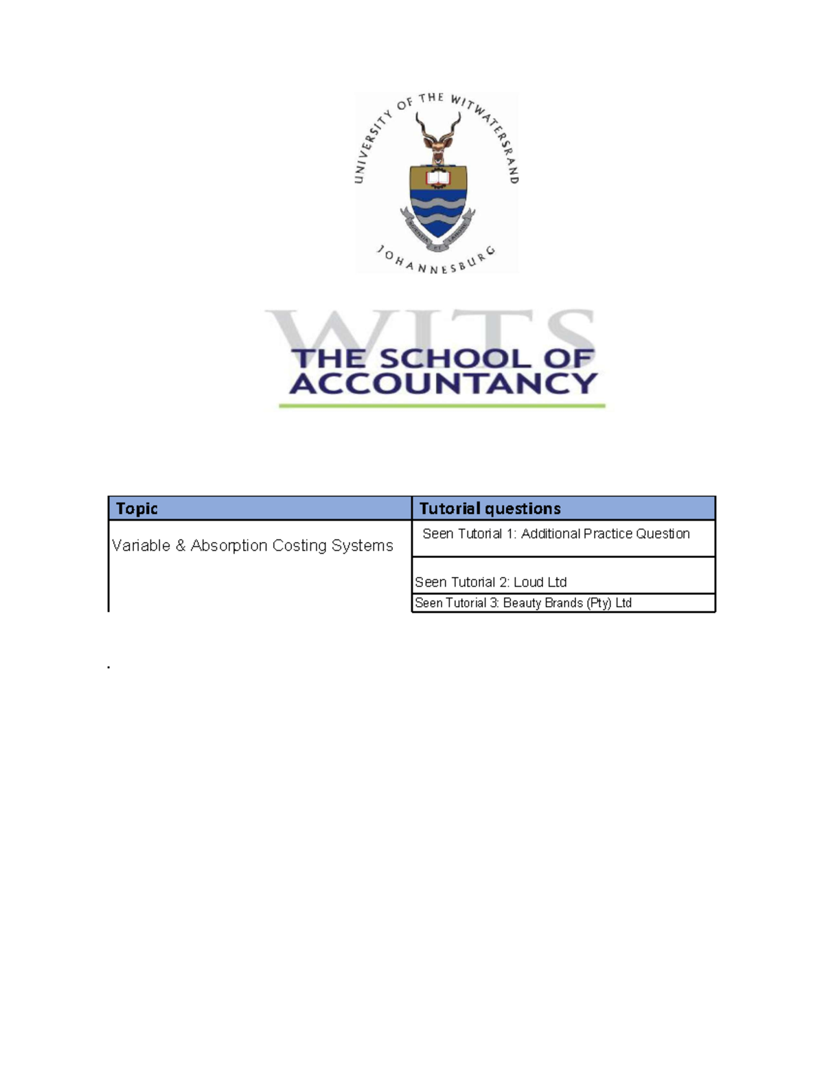 Variable and Absorption Costing - Tutorial Pack - Topic Tutorial questions Variable & Absorption ...