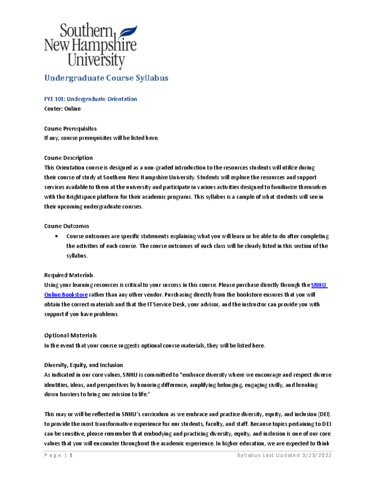 FYE 101 Syllabus - Notes - Undergraduate Course Syllabus FYE 101 ...