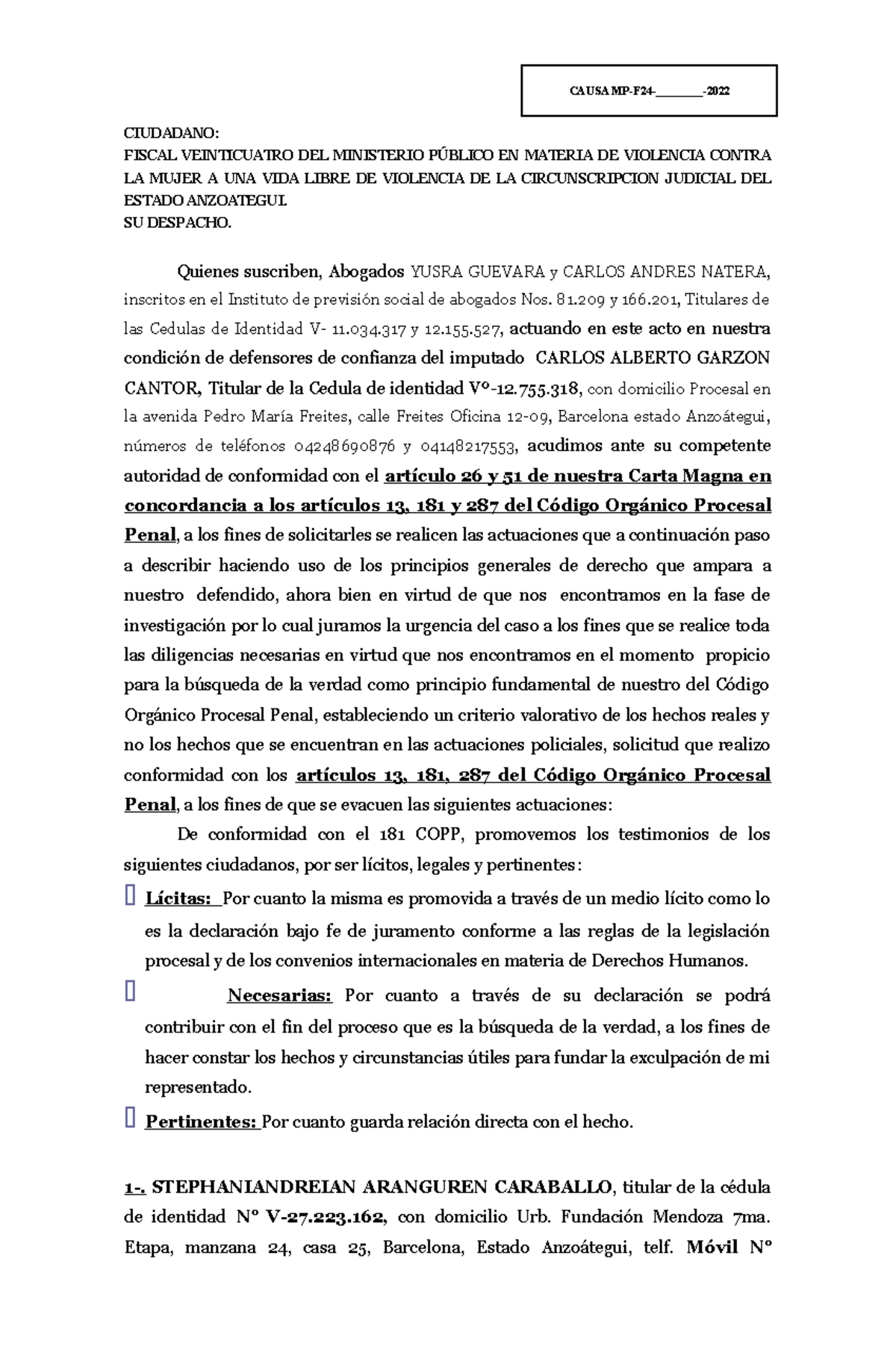 Escrito de solicitud declaracion de testigos por fiscalia 24 BP01-S ...