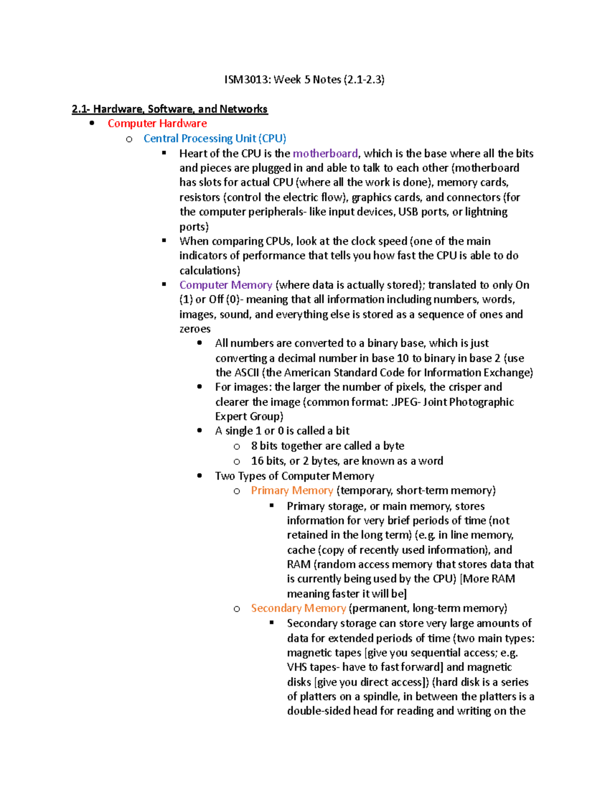 ISM3013- Week 3 Notes (2.1-2.3) - ISM3013: Week 5 Notes (2.1-2) 2 ...