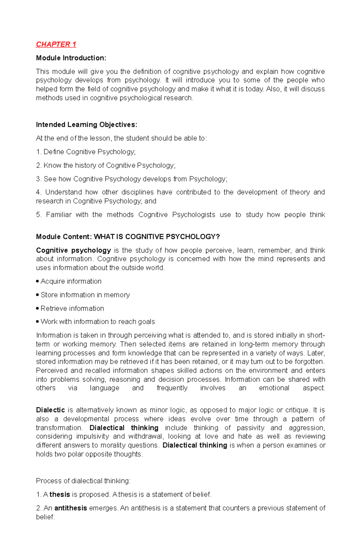 Cognitive - Lecture notes 1 - CHAPTER 1 Module Introduction: This ...