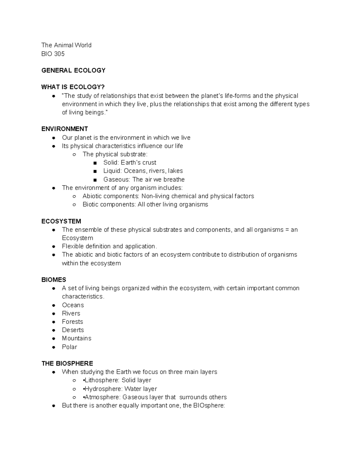 Animal 2 - Lecture notes - The Animal World BIO 305 GENERAL ECOLOGY ...