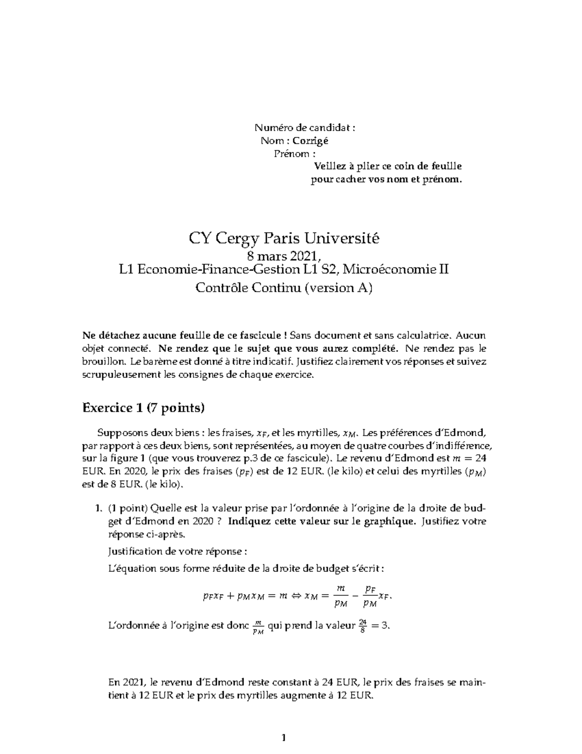 CC 2021 Correction - Contrôle terminale - Num ́ero de candidat : Nom : Corrig ́e Pr ́enom ...