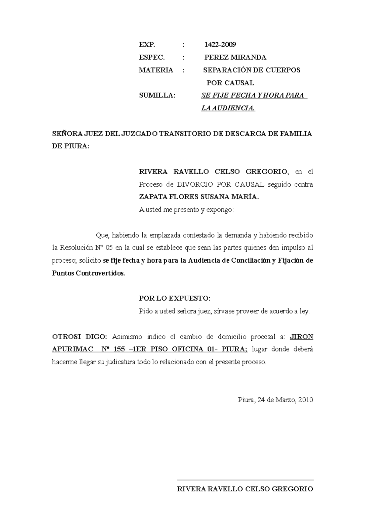 Ilide - modelo - EXP. : 1422- ESPEC. : PEREZ MIRANDA MATERIA ...