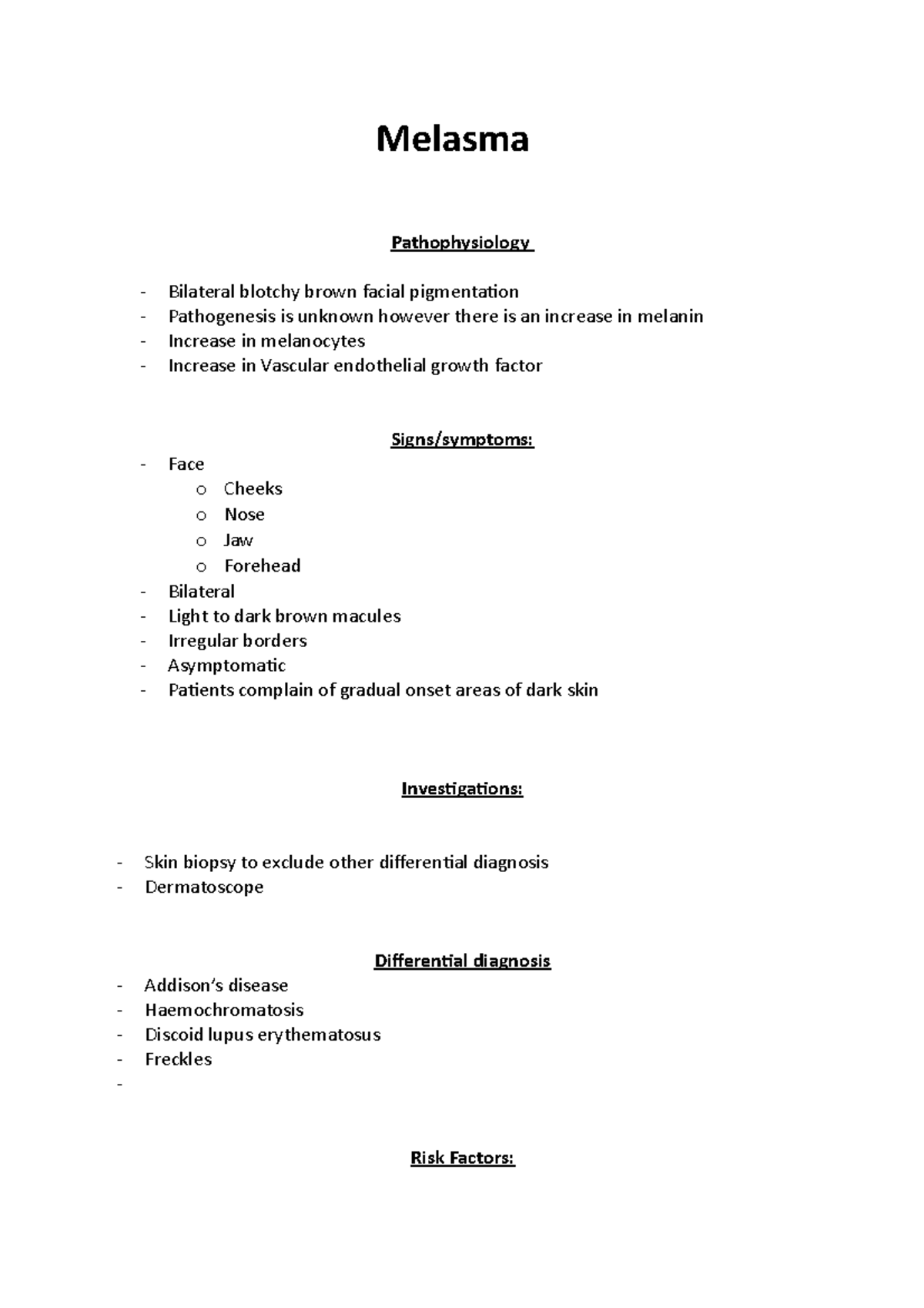 Melasma lecture notes - Melasma Pathophysiology Bilateral blotchy brown ...