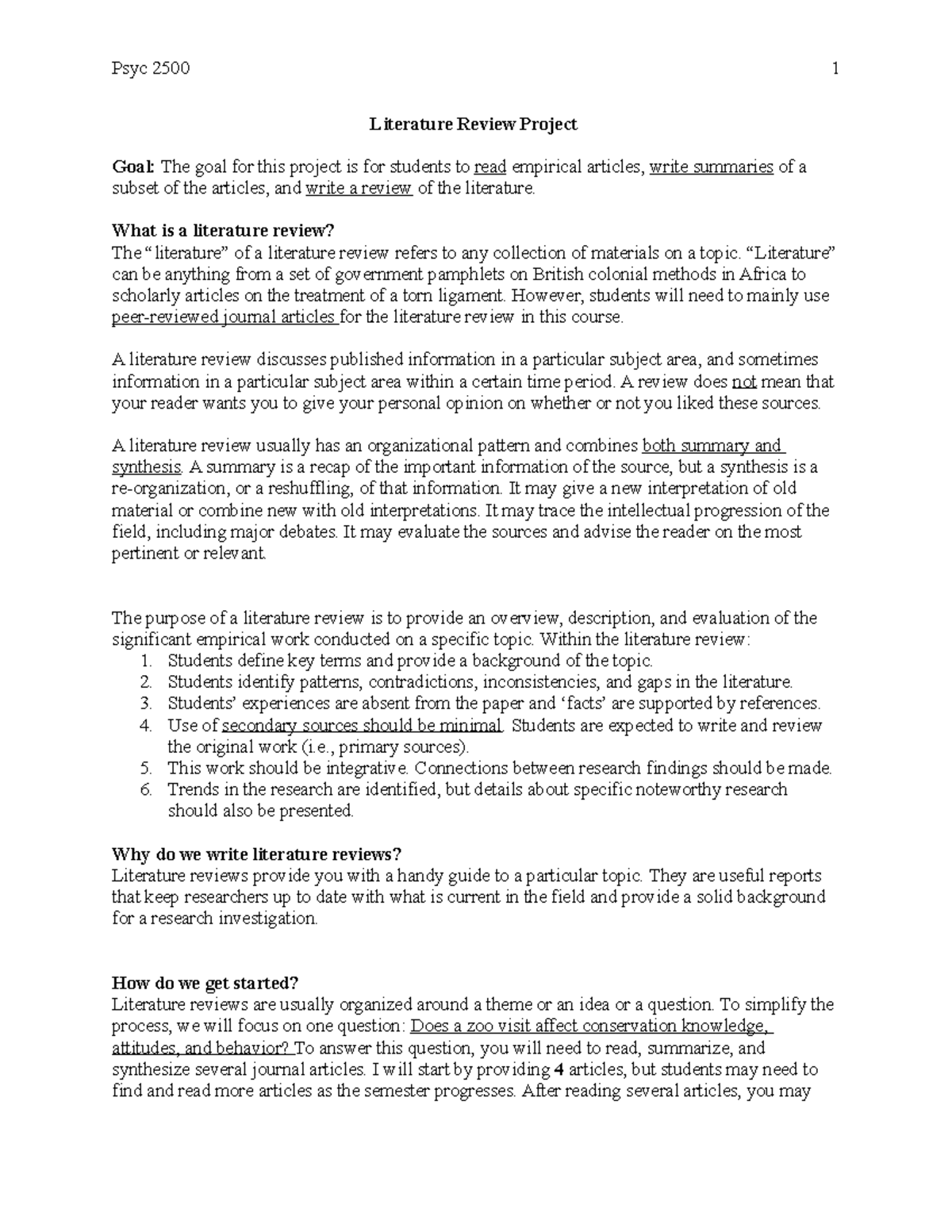 Research Methods Lit Review - Literature Review Project Goal: The goal ...