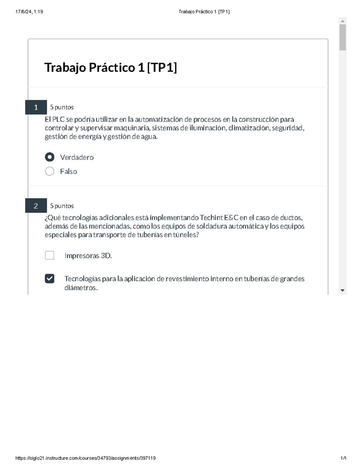 Gestion de Manufactura por Computadora -Trabajo Práctico 1 [TP1]95% - 17/6/24, 1:19 Trabajo ...