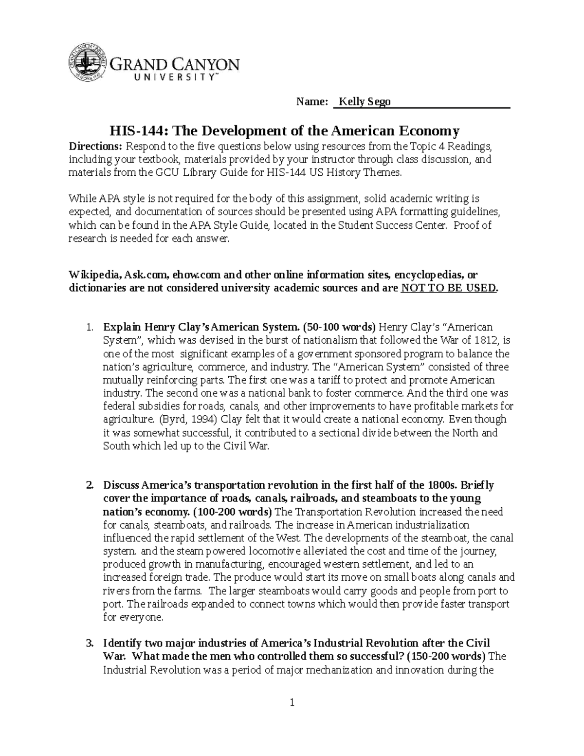 HIS-144-RS-Development of the American Economy Worksheet (1) - Name ...