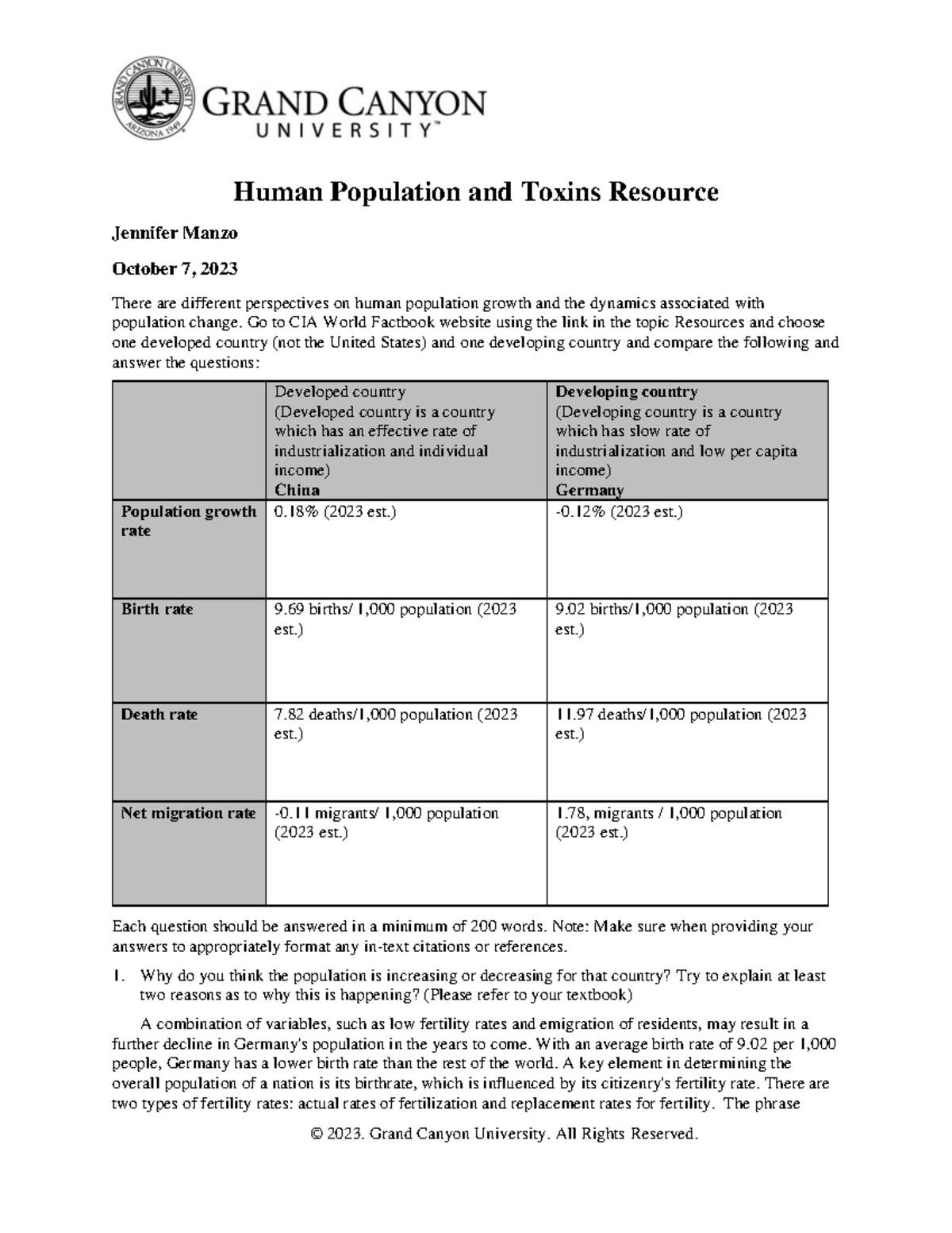 BIO 220 RS Human Populations And Toxins - © 20 23. Grand Canyon ...