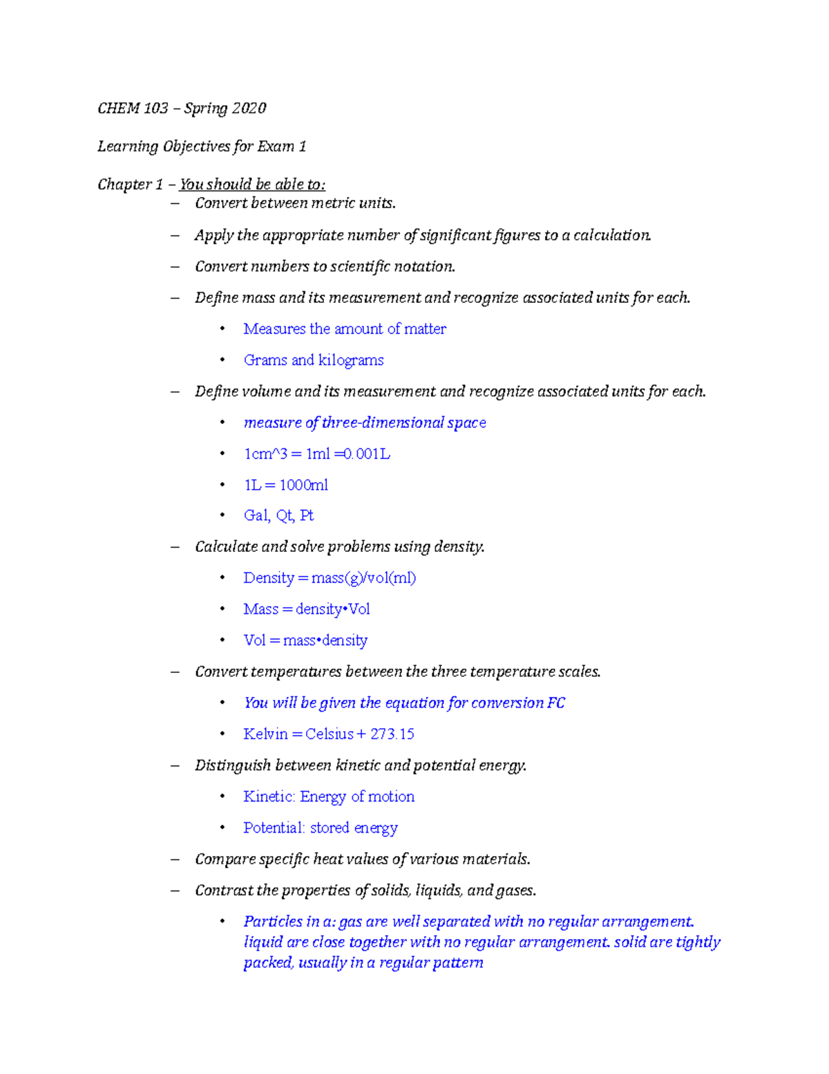 Chapter 1-4 study guide - CHEM 103 – Spring 2020 Learning Objectives for Exam 1 Chapter 1 – You ...