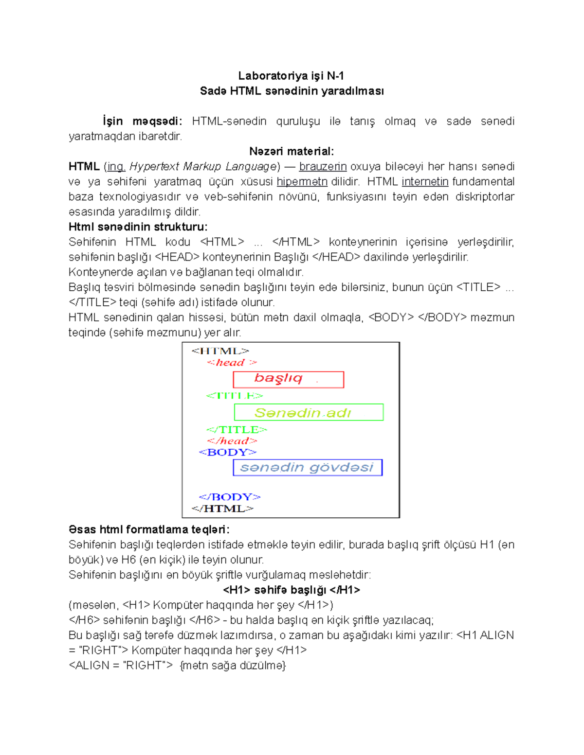 Veb texnol - lab metodik v'sait -2023 - Laboratoriya işi N- Sadə HTML ...