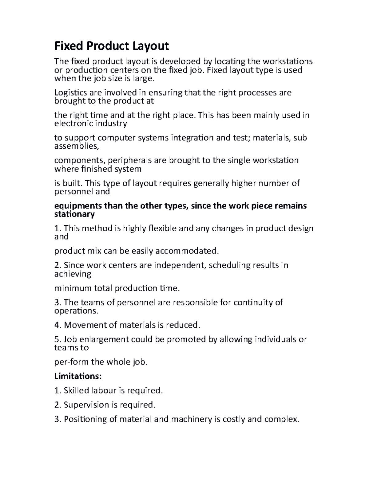 fixed product layout - Fixed layout type is used when the job size is ...