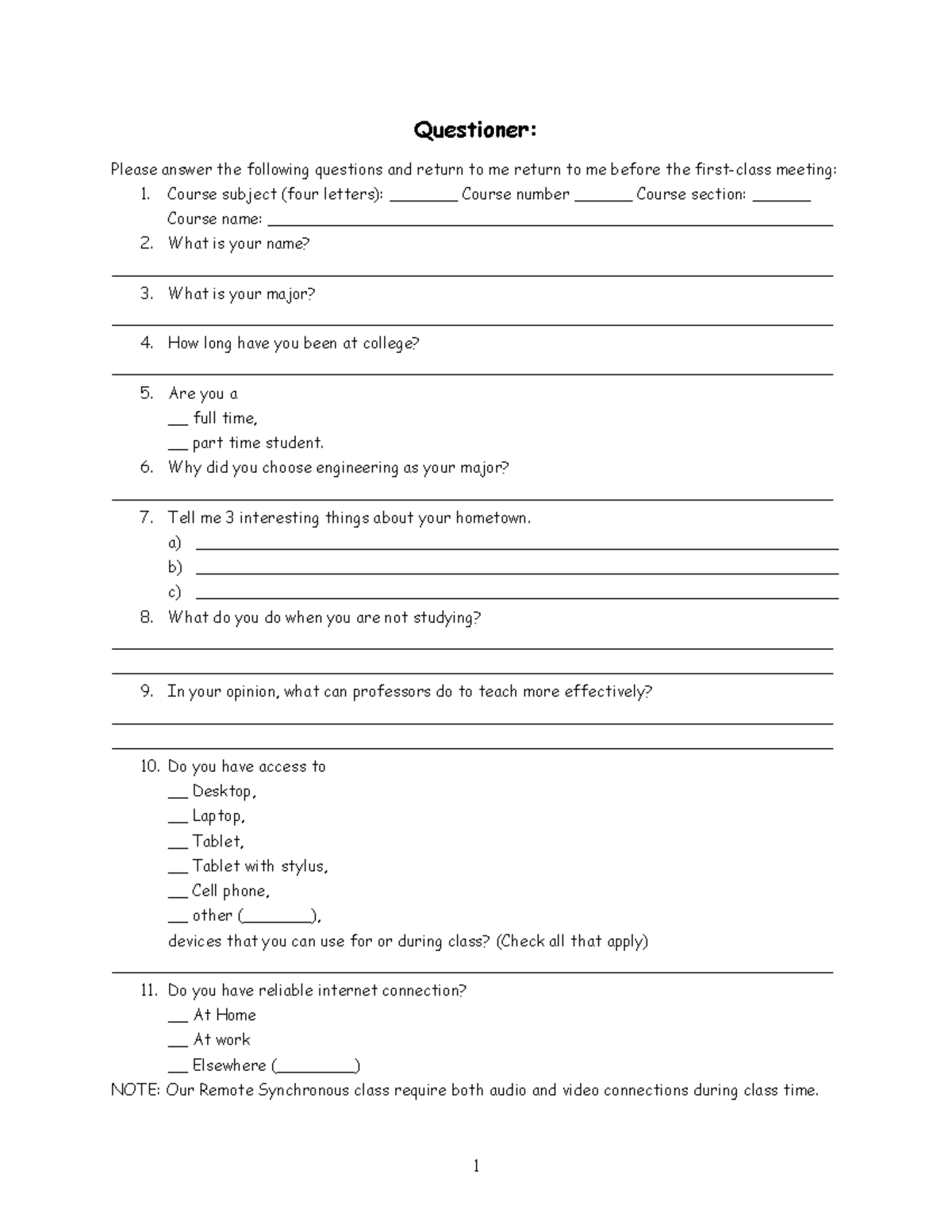 Questioner , Introduction, Assignment 1 - Questioner: Please answer the ...