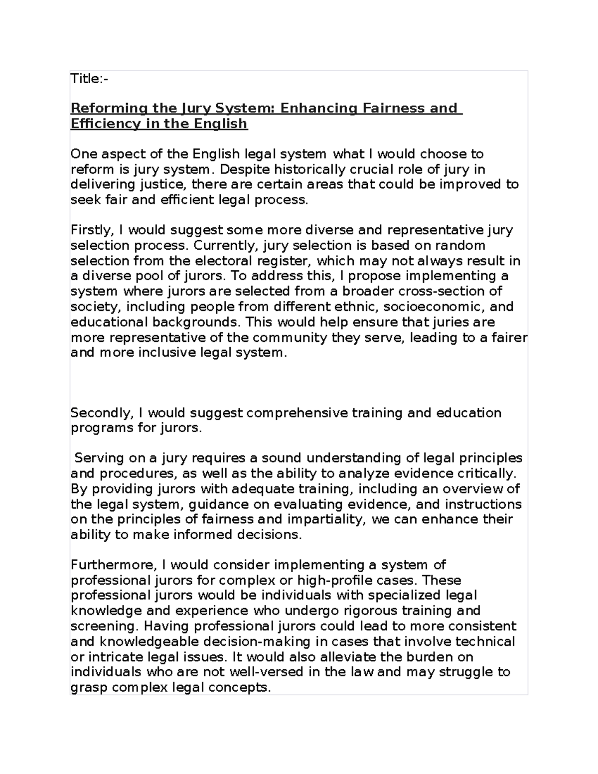 Reforming - Title:- Reforming the Jury System: Enhancing Fairness and ...