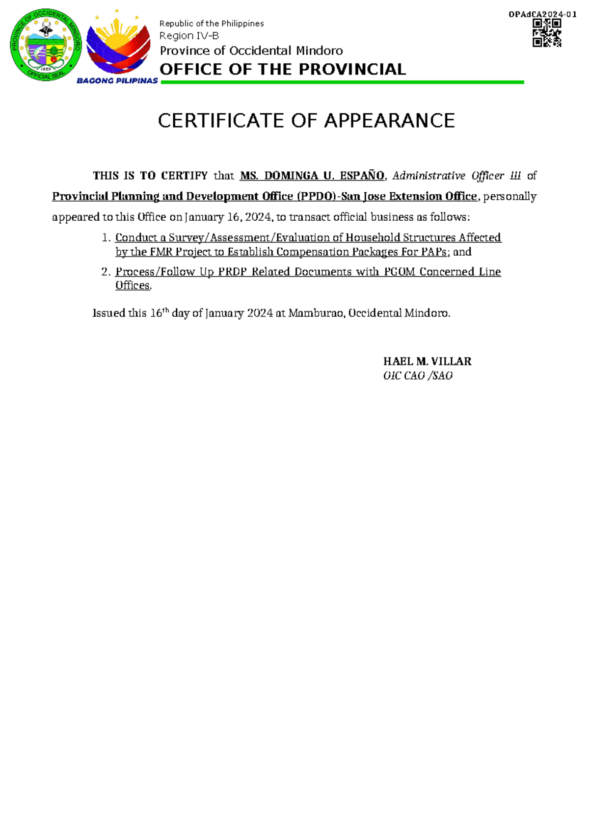 5 To Ms. Dominga U. Españo (Process or Follow Up PRDP Related Documents ...