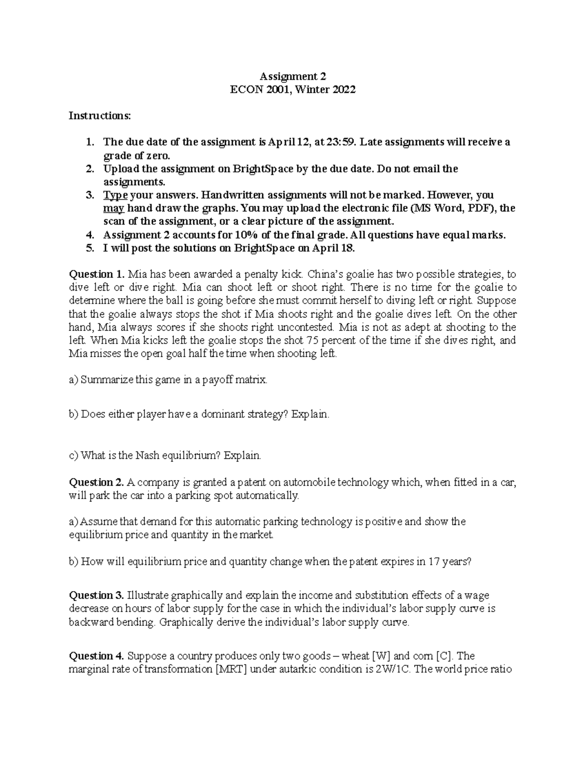 ECON 3445 Assignment 2 - Assignment 2 ECON 2001, Winter 2022 ...