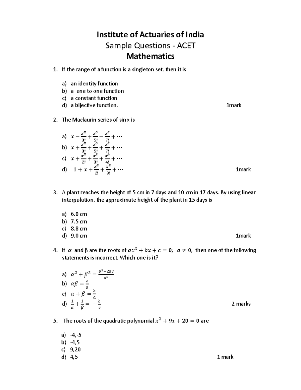 ACET Sample question Paper - Institute of Actuaries of India Sample ...