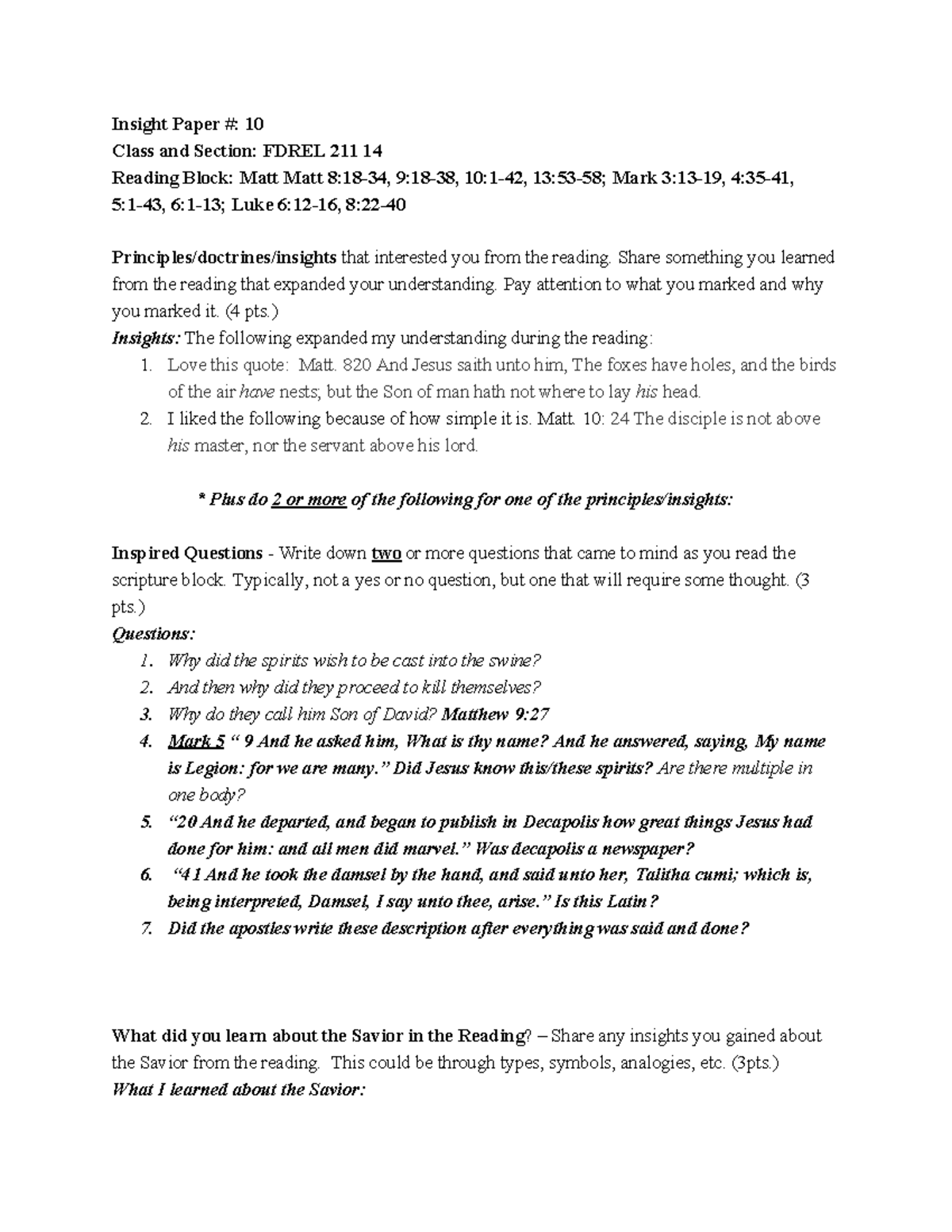 10 Insight Paper - For the class of Brother Parker. - Insight Paper 10 ...