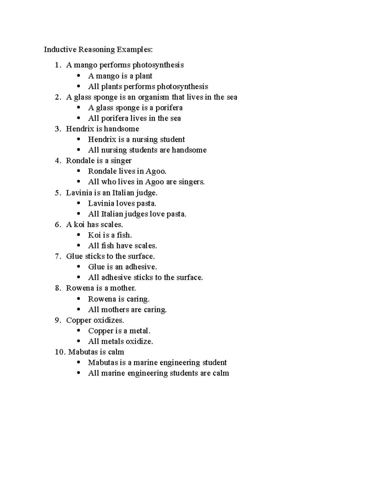 Inductive Reasoning - Examples - A mango performs photosynthesis A ...
