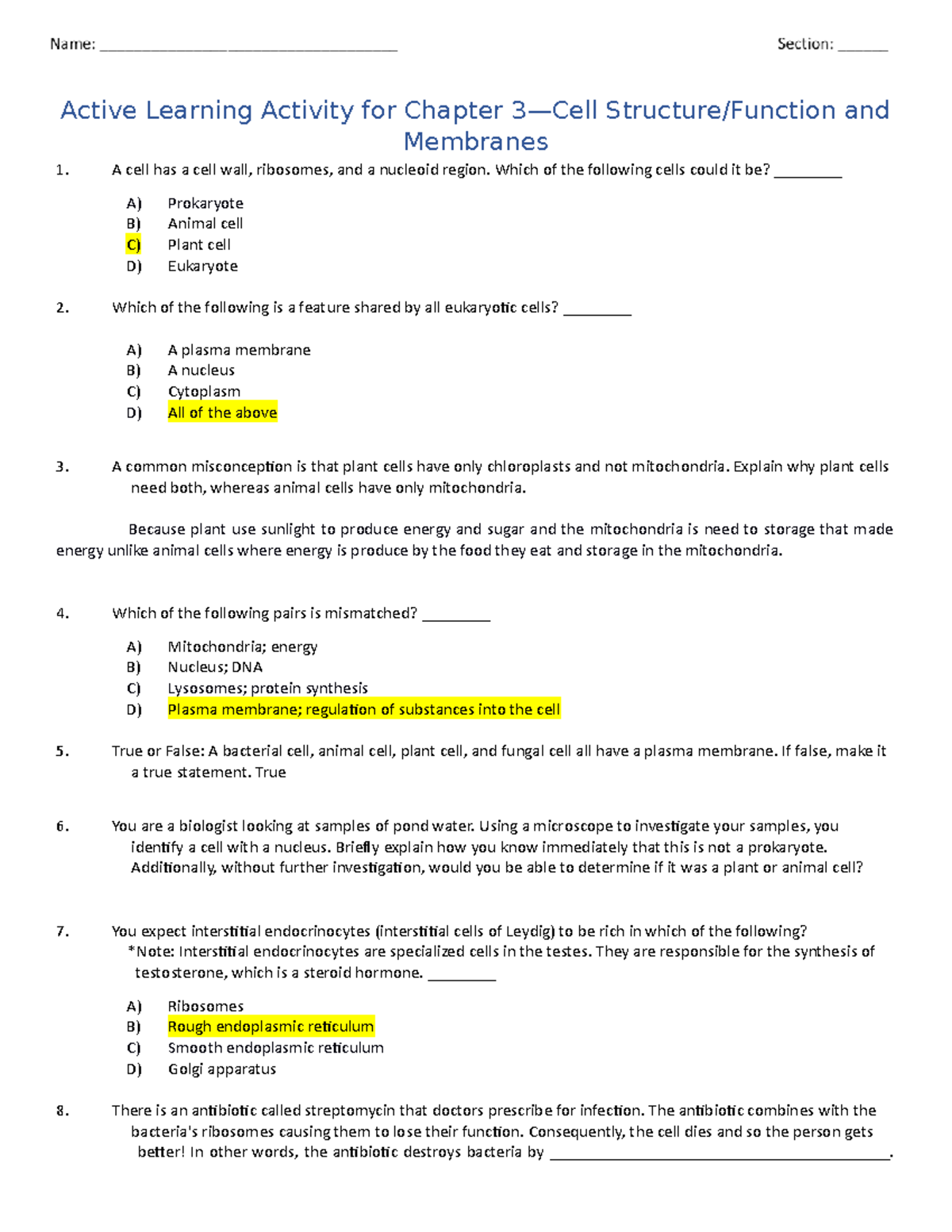 Chapter 3 Class Activity Cell and Membrane Function(1) - Active ...