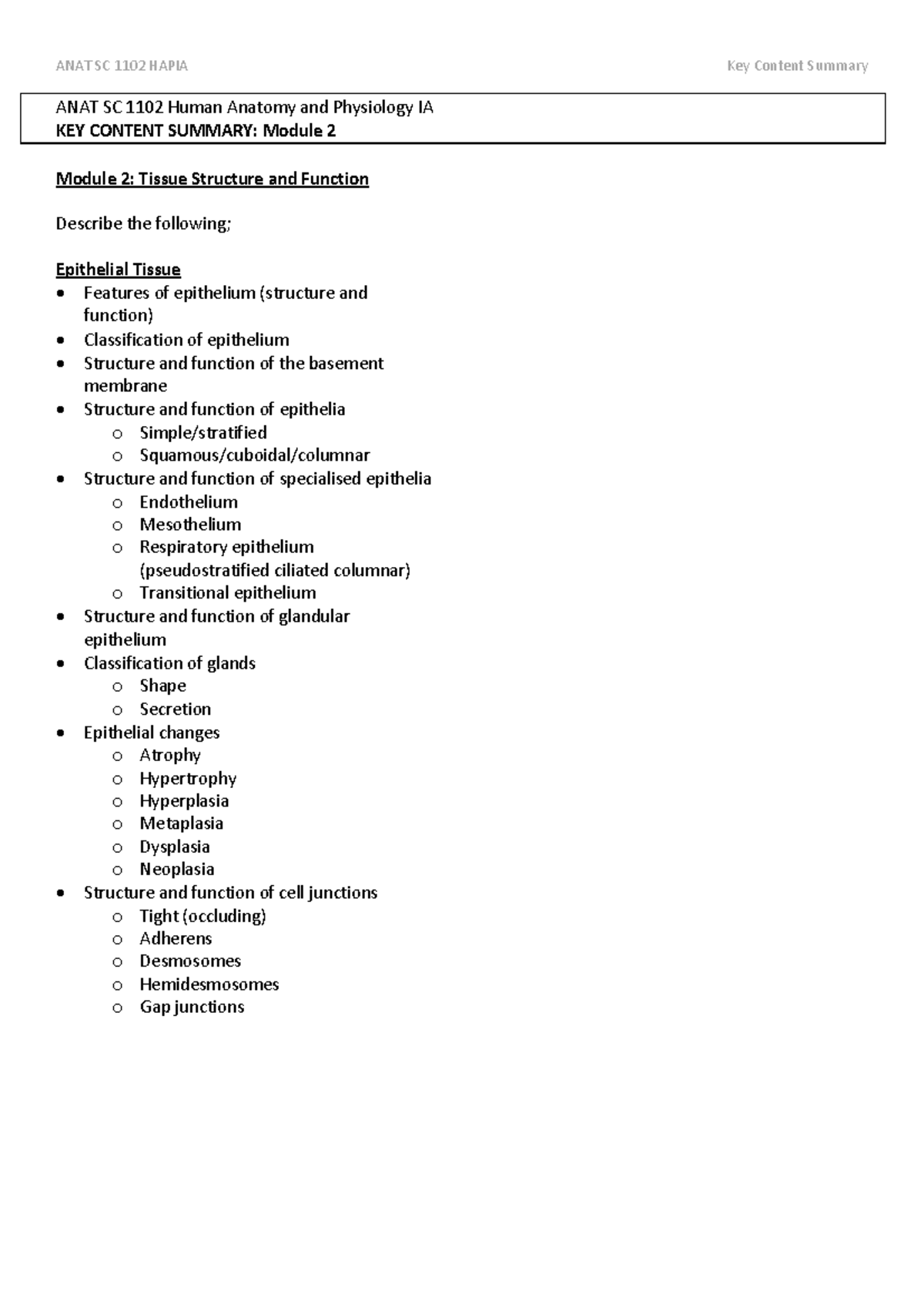 Hapia - Module 2 - Key Content Summary - ANAT SC 1102 HAPIA Key Content ...