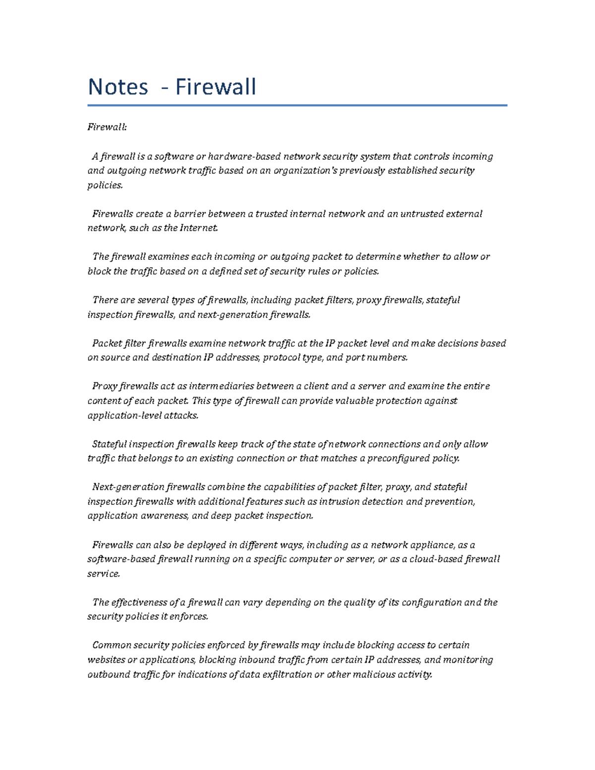 Lecture notes - Firewall - Notes - Firewall Firewall: A firewall is a ...