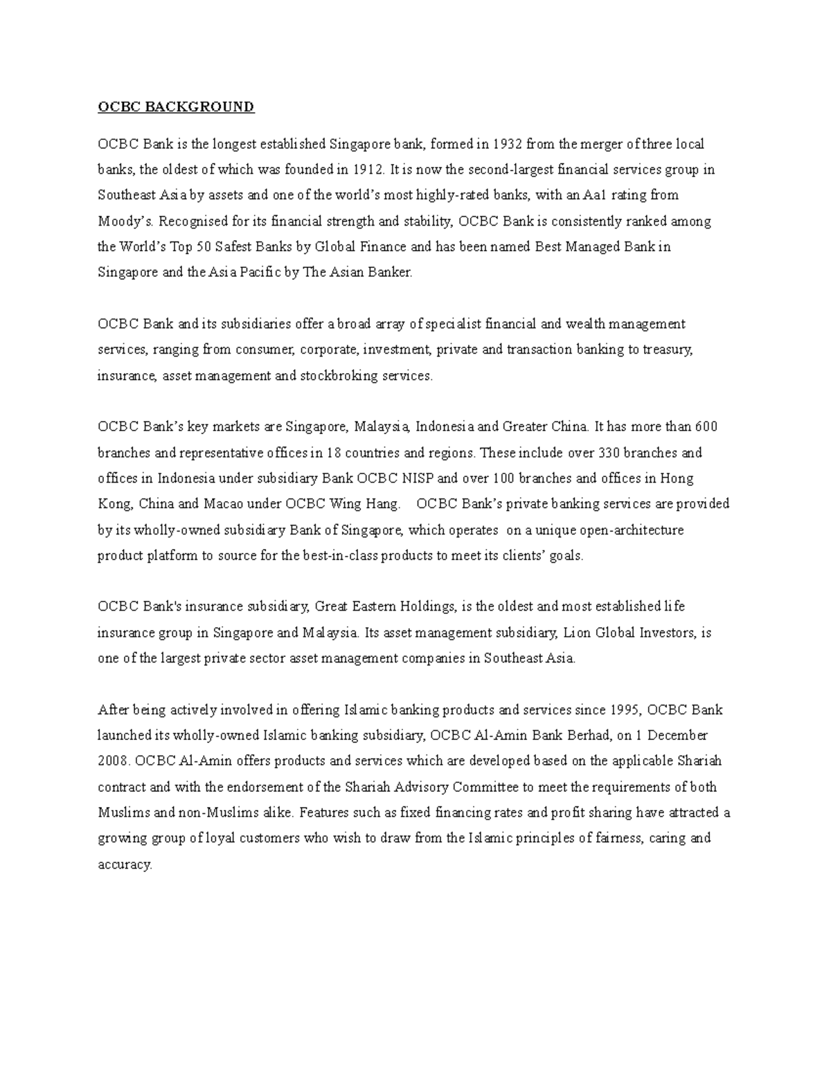 OCBC Background - OCBC BACKGROUND OCBC Bank is the longest established ...