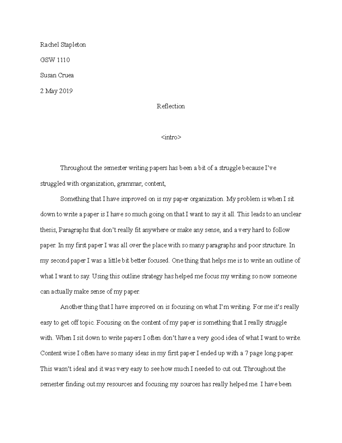 GSW Reflection - Grade: 8/10 - Rachel Stapleton GSW Susan Cruea 2 May ...