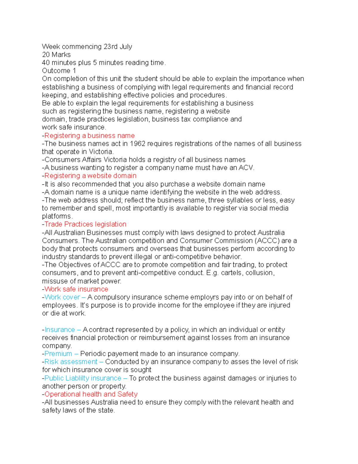 Business revision unit 1 - Week commencing 23rd July 20 Marks 40 ...