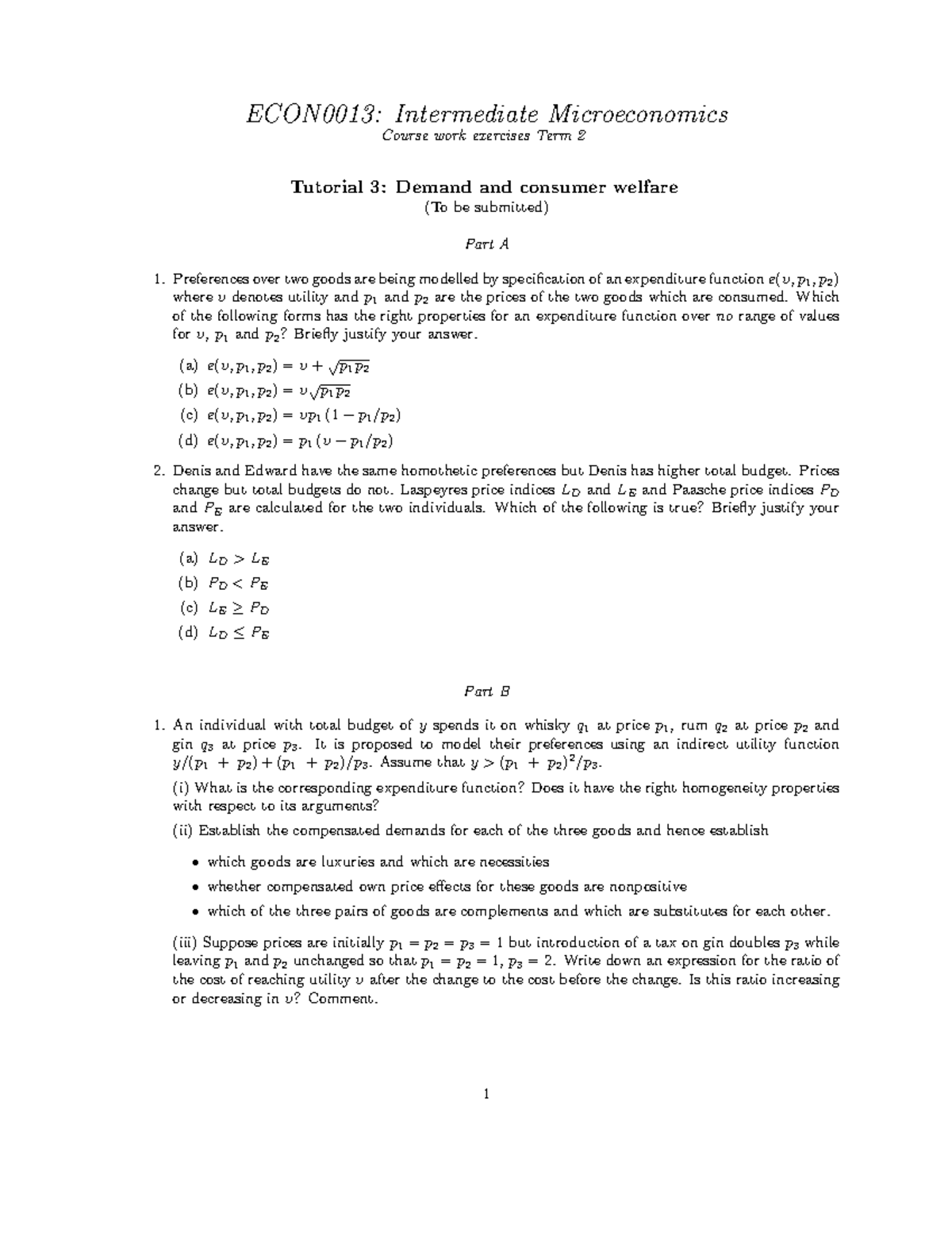 Tutorial 3 questions - ECON0013: Intermediate Microeconomics Course work exercises Term 2 ...