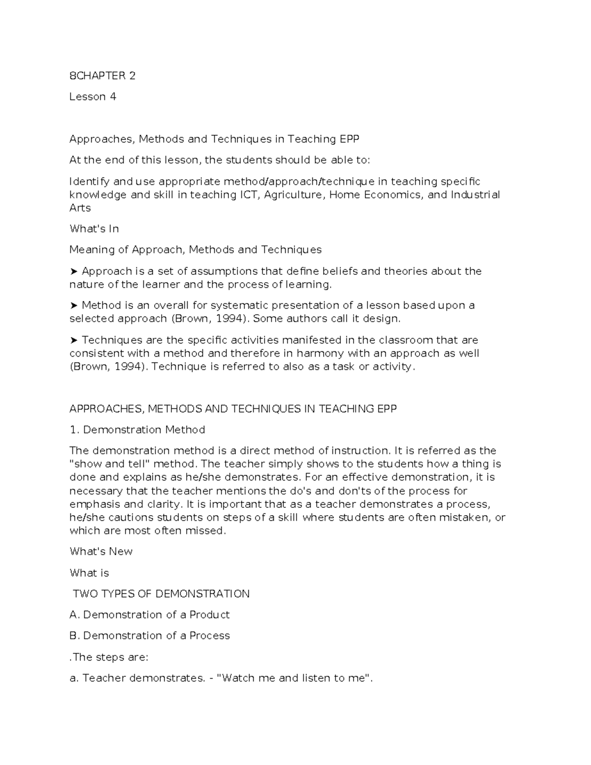 Chapter-2-EPP-doc - Notes - 8CHAPTER 2 Lesson 4 Approaches, Methods and ...
