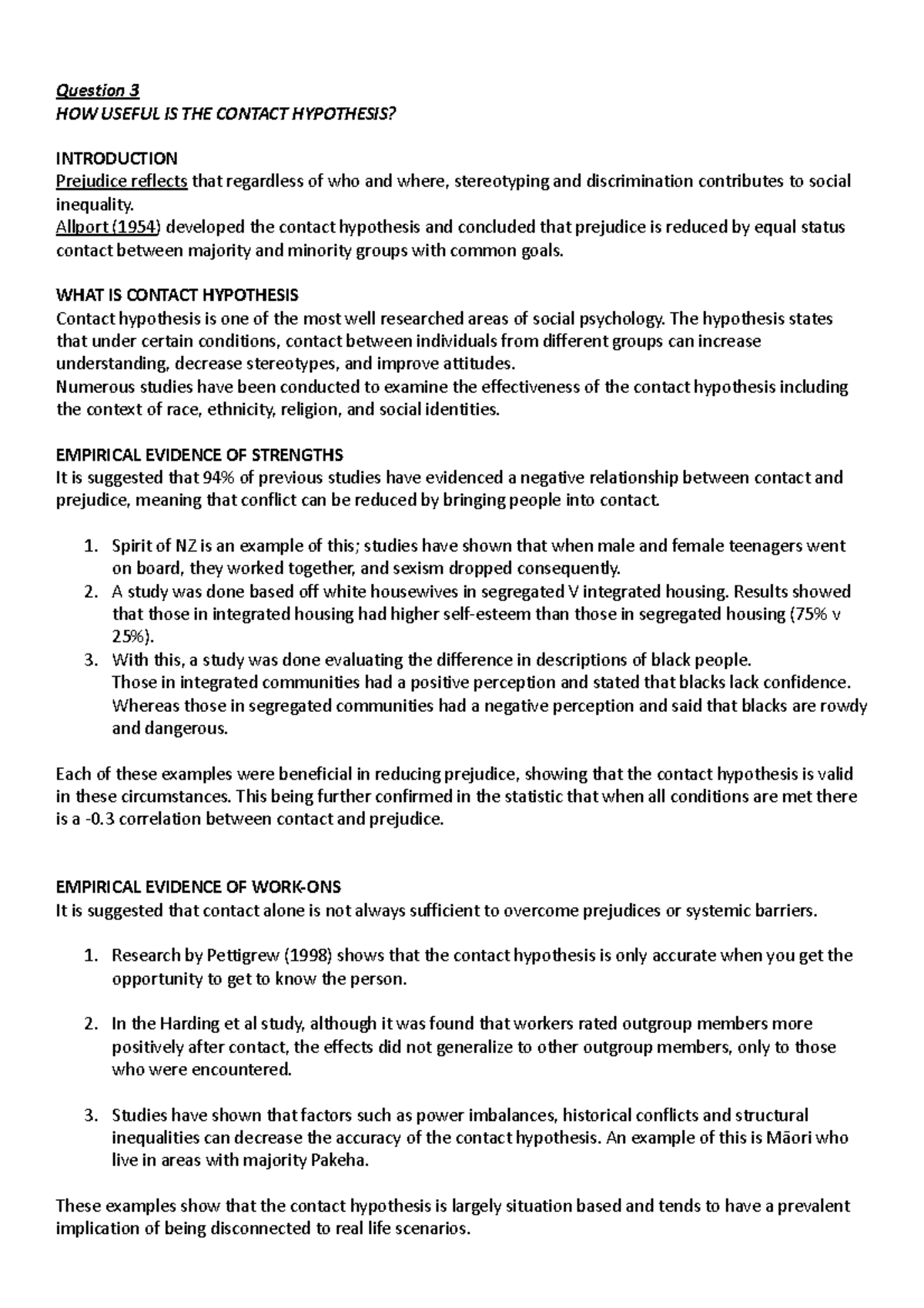 315 Exam Questions - Question 3 HOW USEFUL IS THE CONTACT HYPOTHESIS ...