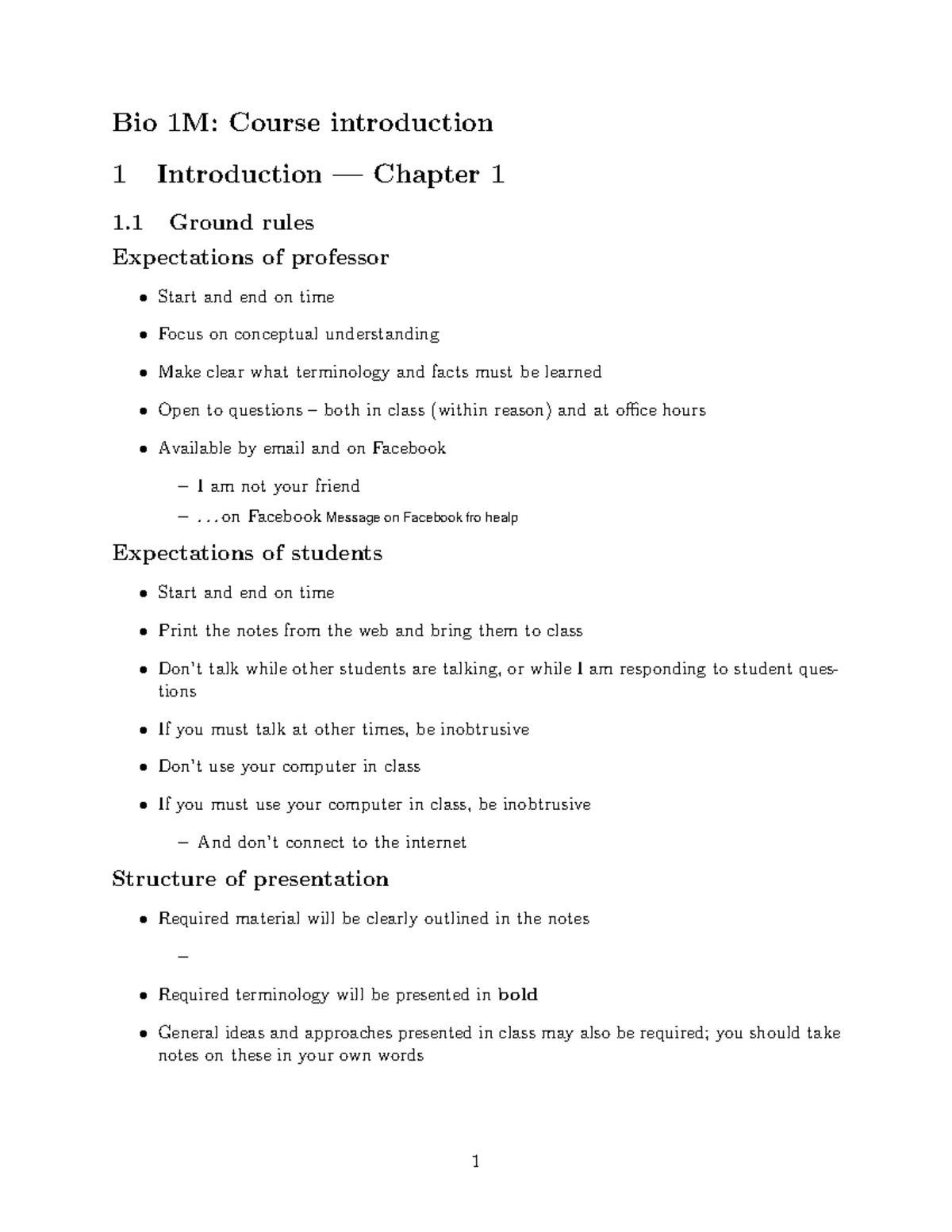 Introduction - Lecture notes 1 - Bio 1M: Course introduction 1 ...