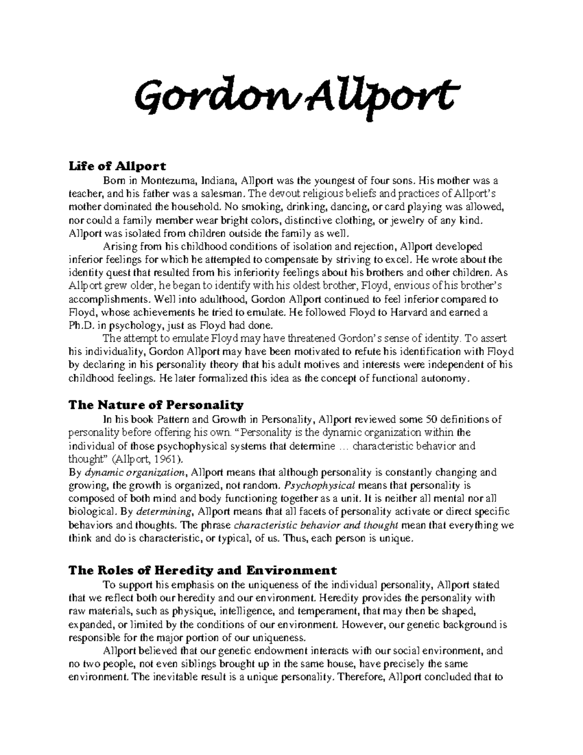 Gordon Allport - Gordon Allport Life of Allport Born in Montezuma ...