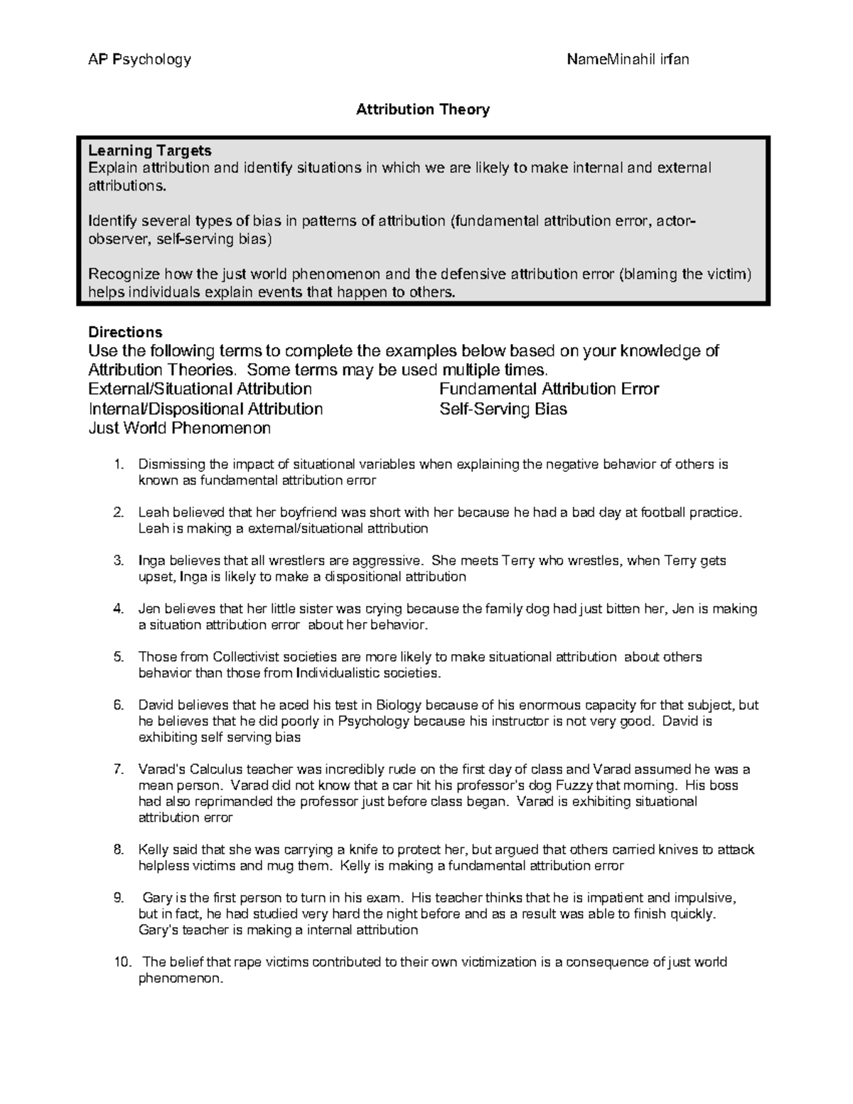 Attribution Theory Formative. dupe - AP Psychology NameMinahil irfan ...