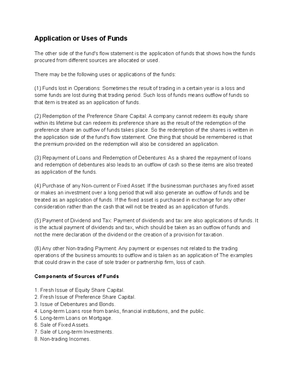 Application or Uses of Funds - There may be the following uses or ...