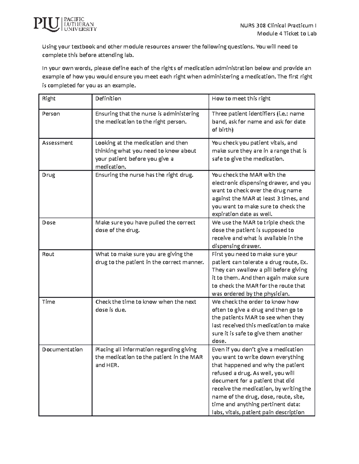 NURS 308 Module 4 Ticket to Lab - NURS 308 Clinical Practicum I Module ...