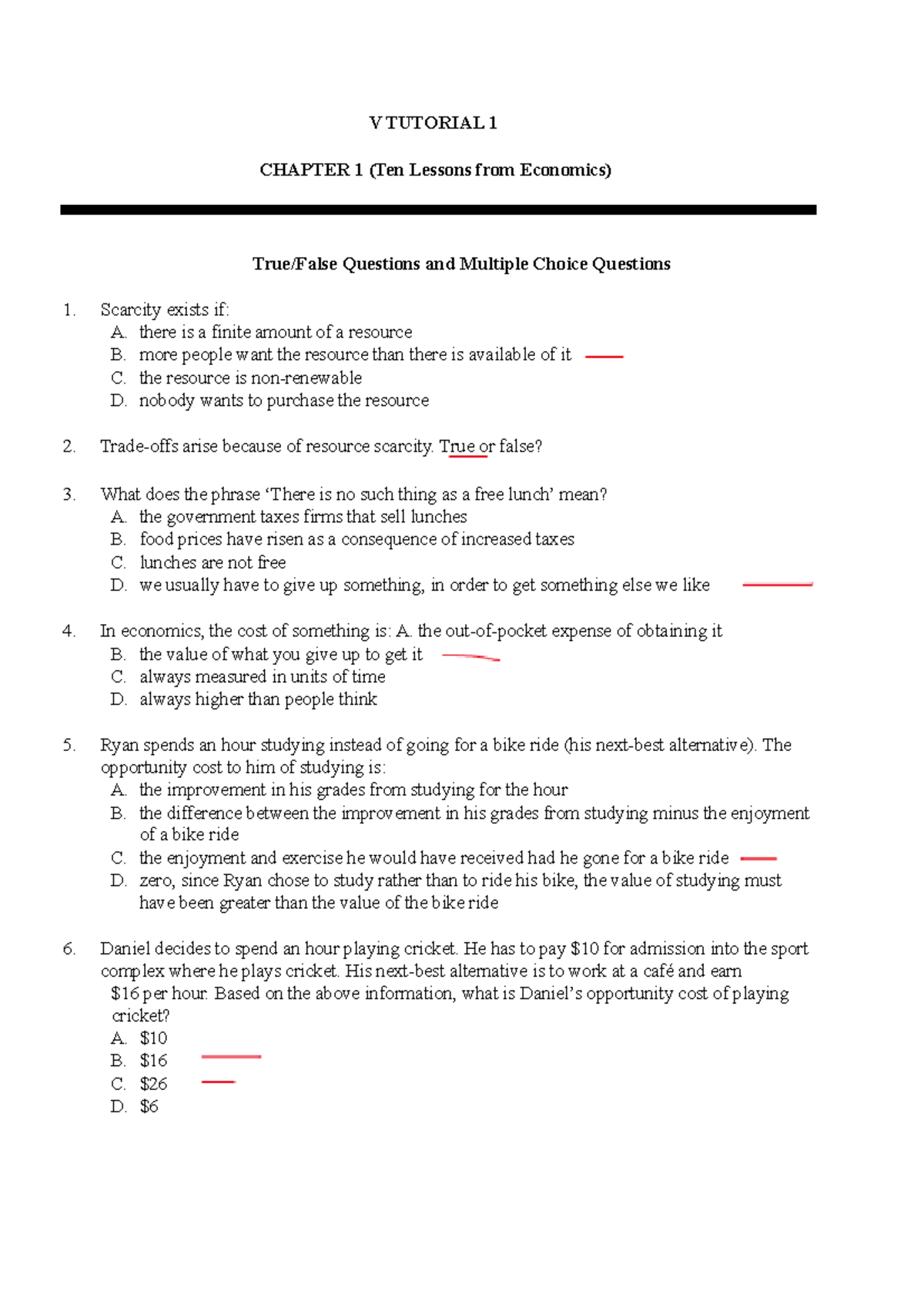Tutorial 1 - aaa - V TUTORIAL 1 CHAPTER 1 (Ten Lessons from Economics ...